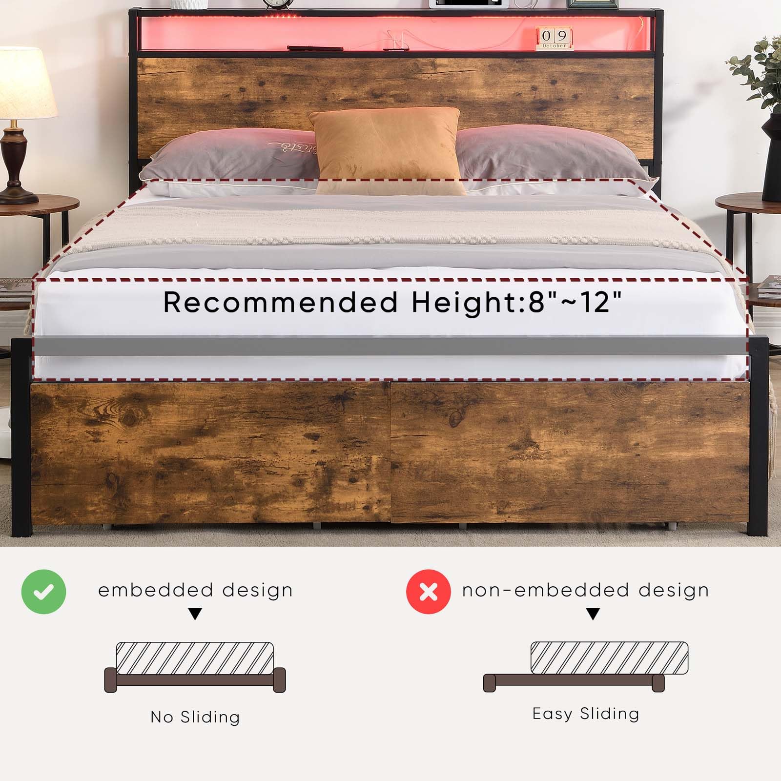 FTOPBTB Industrial Queen Size Bed Frame with Storage Headboard and 2 Drawers, LED Smart Bed Frame with Charging Station, Metal Platform Bed No Noise, Metal Slats Support, No Box Spring Needed (Queen)