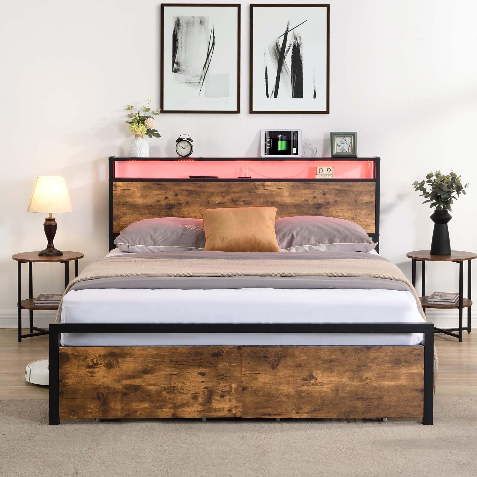 FTOPBTB Industrial Queen Size Bed Frame with Storage Headboard and 2 Drawers, LED Smart Bed Frame with Charging Station, Metal Platform Bed No Noise, Metal Slats Support, No Box Spring Needed (Queen)