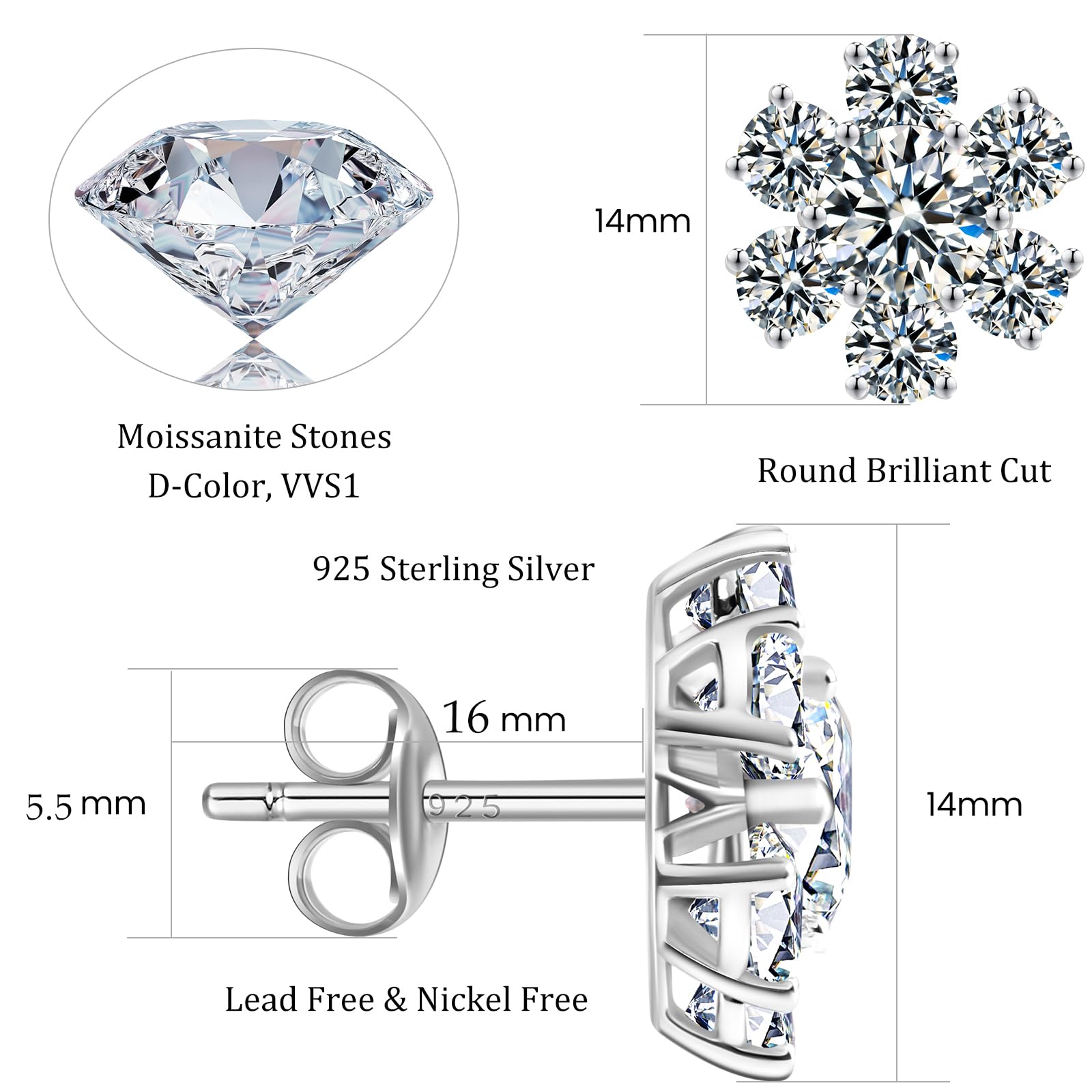 TunzugMoissanite Stud Earrings D Color VVS1 Clear Moissanite Stud Earrings 18K Gold Plated 925 Sterling Silver Friction Base Hypoallergenic Earrings for Men Women