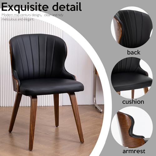 Homy Grigio Dining Chairs Set of 2 Upholstered Dining Room Chairs Faux Leather Kitchen Chairs with Wood Legs Shell Mid Century Modern Chairs for Dining Room, Kitchen, Living Room, Black