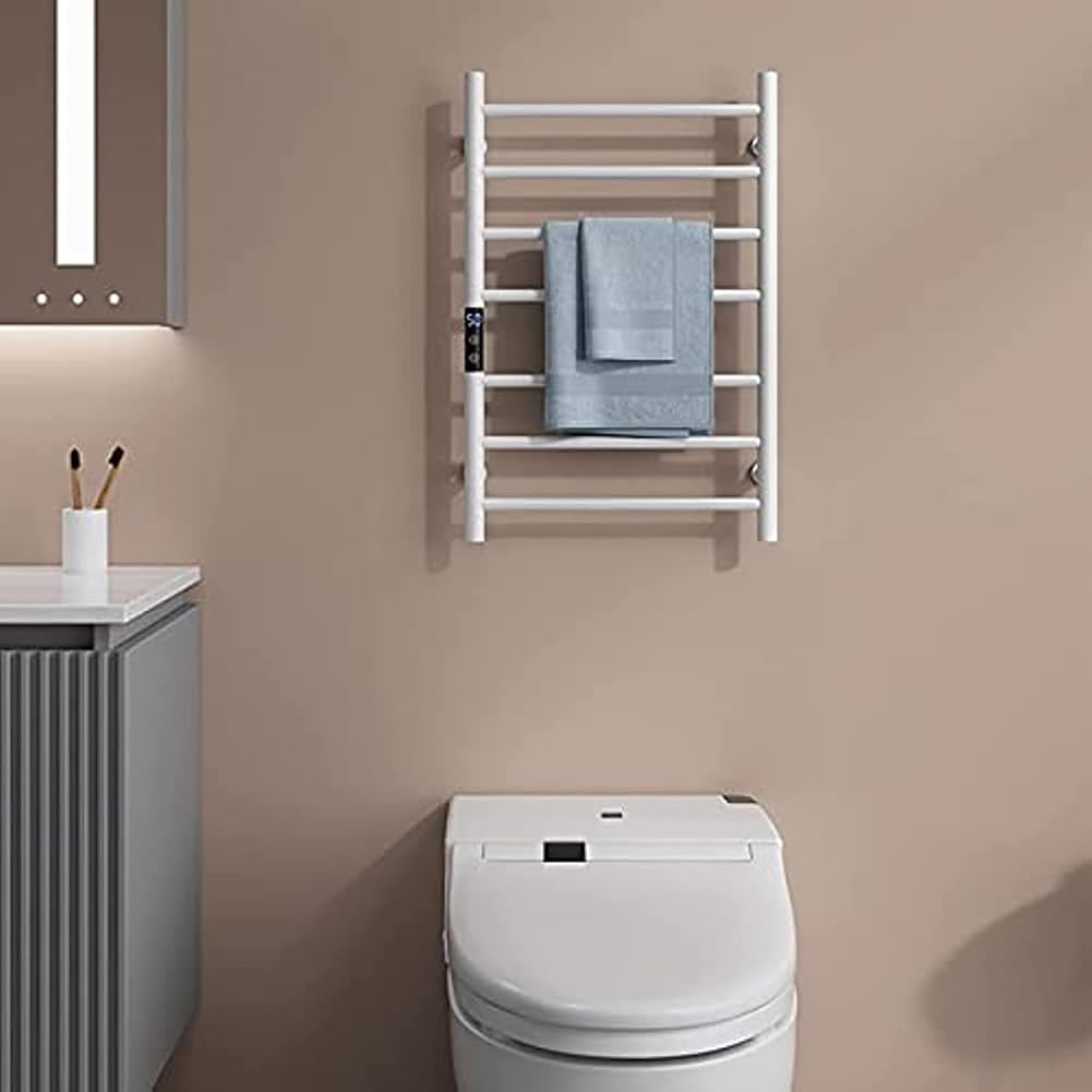 MegLob 80W Electrical Towel Rack Towel Holder & Warmer, Electric Towel Rail Warmer with 7 Heated Bars, Wall Mounted Heated Towel Rail with Smart Touch & Timer, White Towel Heated Dryer