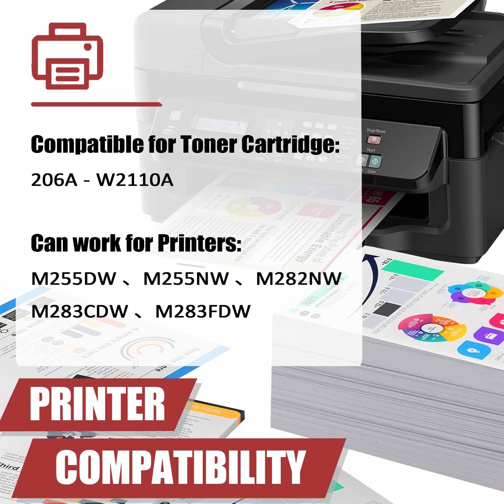 Replacement W2110A Toner Cartridges Compatible for HP 206A W2110A Toner Cartridge Work for HP Laserjet Pro M255DW M255NW M282NW M283CDW M283FDW Printers