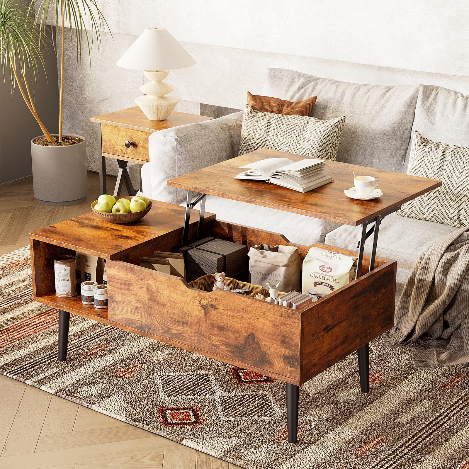 NEWBULIG Coffee Storage Table with Lift Top Panel and Hidden Compartment Wooden Rising Tabletop Snack Organize Shelf for Dinning Center Drawing Room, Brown
