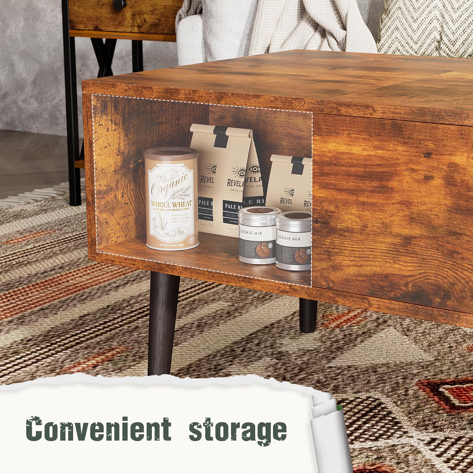 NEWBULIG Coffee Storage Table with Lift Top Panel and Hidden Compartment Wooden Rising Tabletop Snack Organize Shelf for Dinning Center Drawing Room, Brown