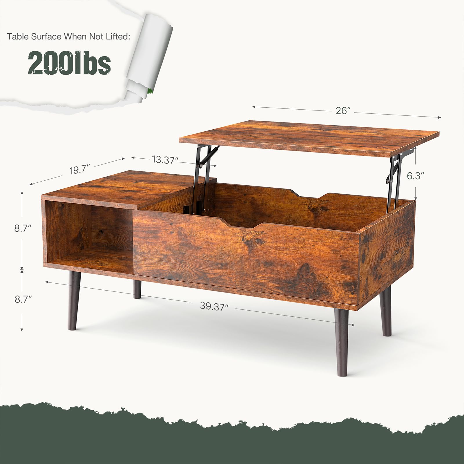 NEWBULIG Coffee Storage Table with Lift Top Panel and Hidden Compartment Wooden Rising Tabletop Snack Organize Shelf for Dinning Center Drawing Room, Brown