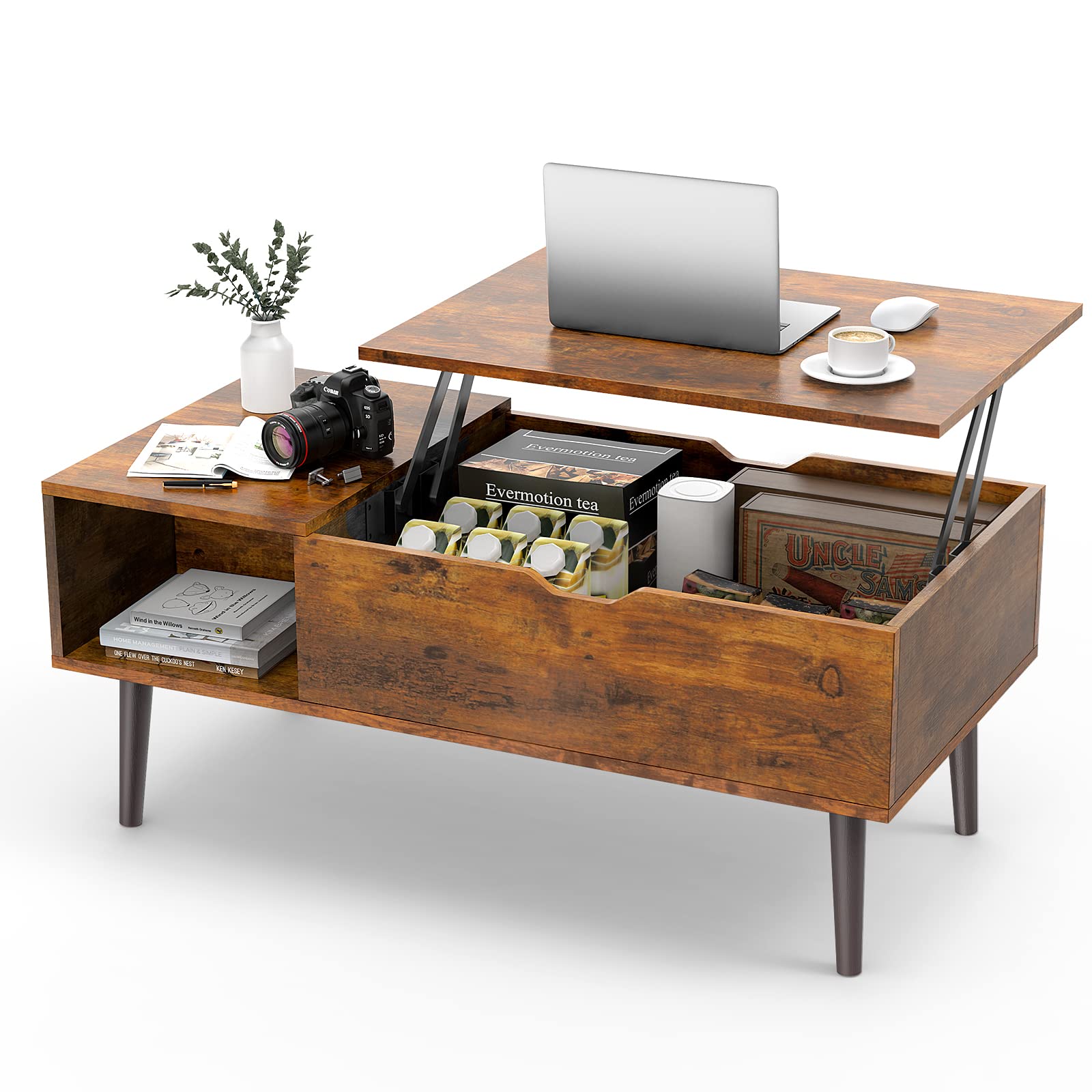 NEWBULIG Coffee Storage Table with Lift Top Panel and Hidden Compartment Wooden Rising Tabletop Snack Organize Shelf for Dinning Center Drawing Room, Brown