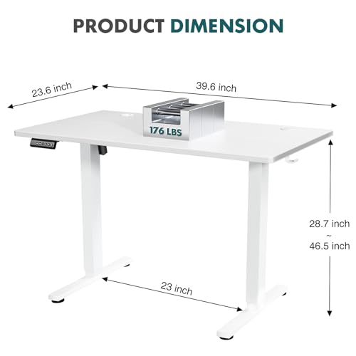 SMUG Standing Desk Adjustable Height, Electric Table with 3 Memory Preset & T-Shaped Metal Bracket, Modern Computer Workstation with Splice Board for Home Office, White