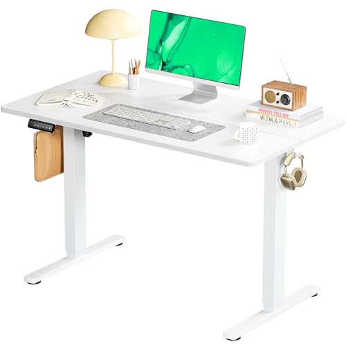 SMUG Standing Desk Adjustable Height, Electric Table with 3 Memory Preset & T-Shaped Metal Bracket, Modern Computer Workstation with Splice Board for Home Office, White