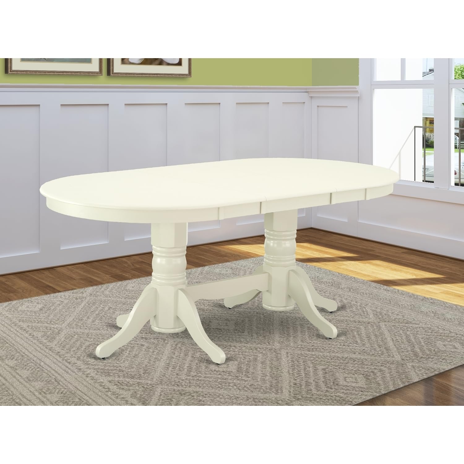 HomeStock Gothic Grandeur Vancouver Oval Double Pedestal Dining Room Table with 17" Butterfly Leaf in Linen White Finish - Elegant Design for Family Gatherings and Entertaining
