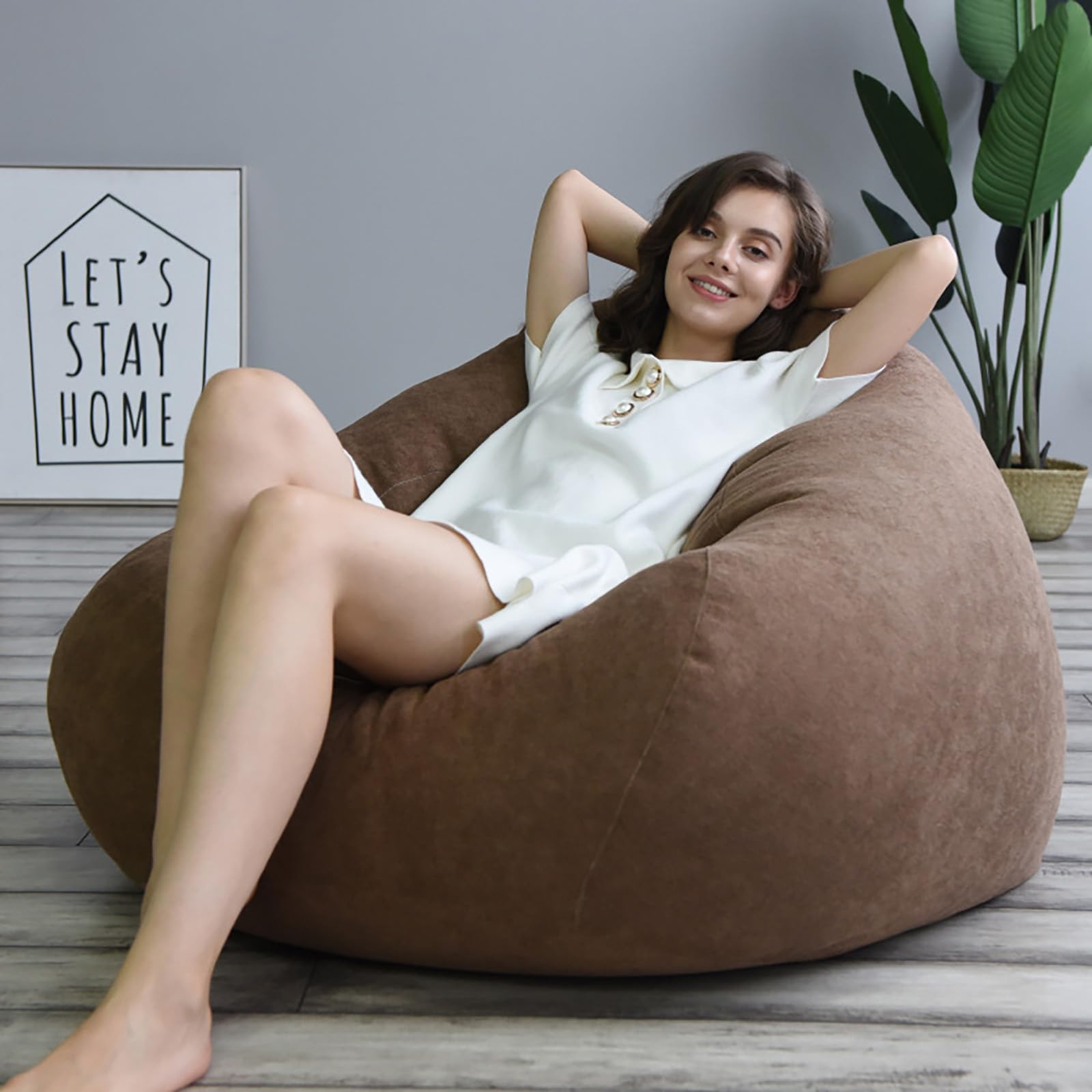PRELGOSP Bean Bag Chair Cover Without Filling, Soft Lazy Sofa Beanbag Toy Storage Stuffed Animal Seat for Adults, Kids, Teens,Brown,L