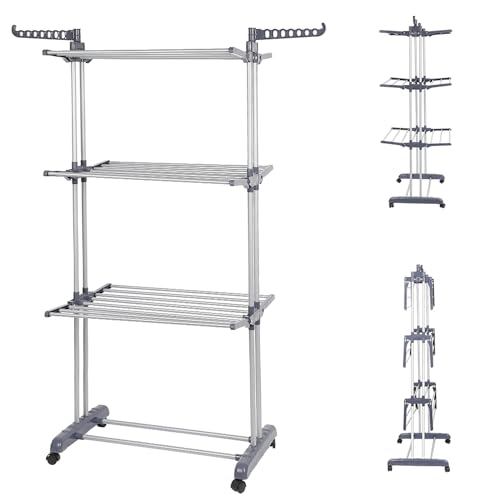 WOHLLEBEN Foldable Clothes Drying Rack, Movable Clothes Drying Rod, Multi-Functional Laundry Drying Pole with Casters and Two Wings,for Indoor and Outdoor,Grey-Silver(Double Pole ,Three -Layer)