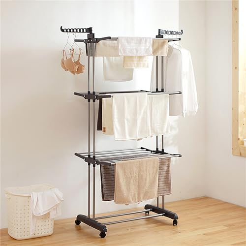 WOHLLEBEN Foldable Clothes Drying Rack, Movable Clothes Drying Rod, Multi-Functional Laundry Drying Pole with Casters and Two Wings,for Indoor and Outdoor,Grey-Silver(Double Pole ,Three -Layer)