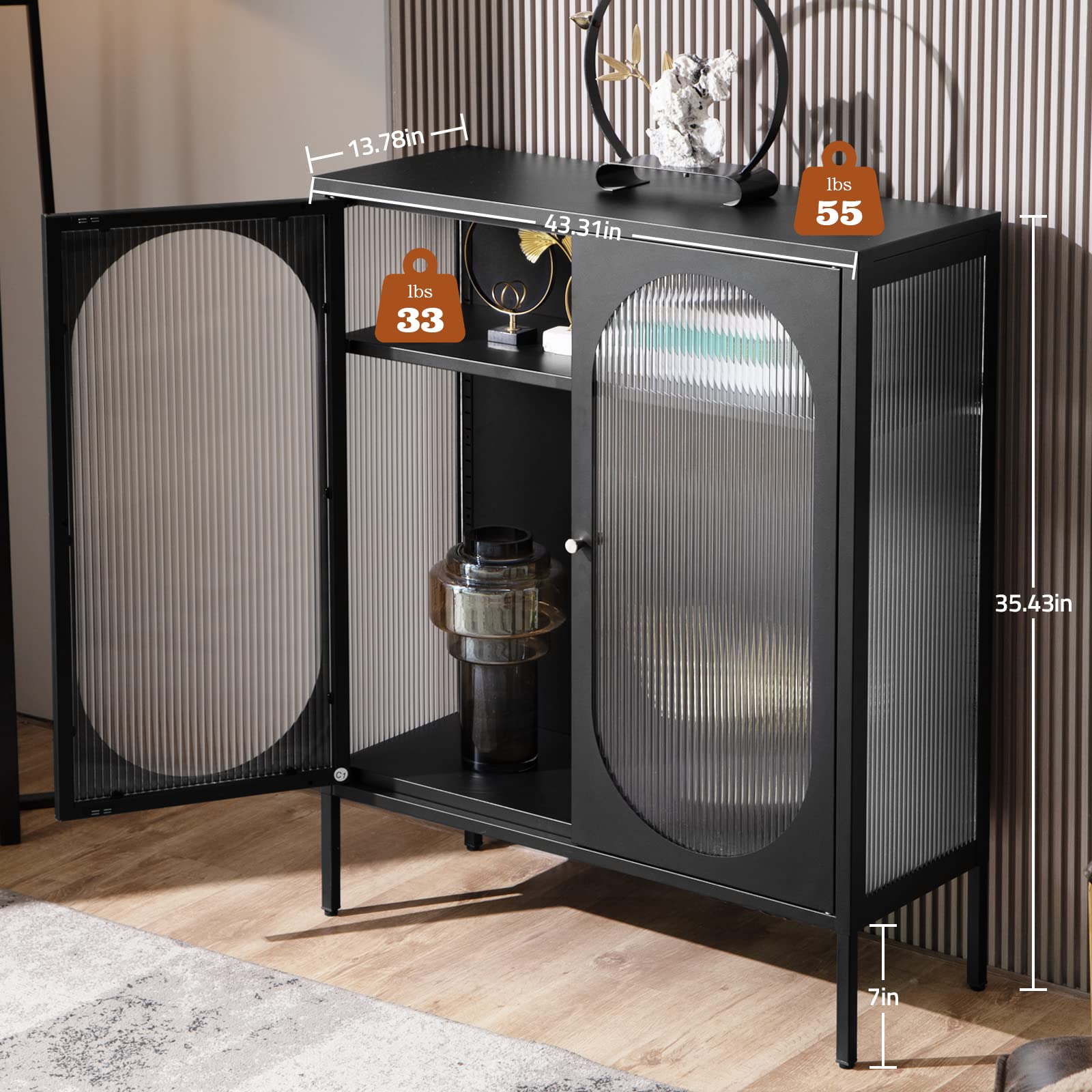SICOTAS Sideboard Cabinet Buffet, Modern Accent Buffet Storage Cabinet with Glass Doors, Free Standing Cabinet for Living Room, Cupboard Console Table for Kitchen Dining Room, Black