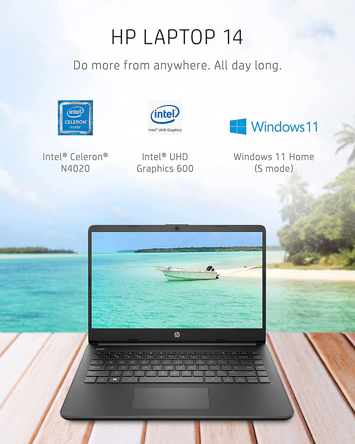 HP 14 Laptop, Intel Celeron N4020, 32GB RAM, 64 GB Storage, 14-inch HD Touchscreen, Intel UHD Graphics 600, Windows 11, Thin & Portable, 4K Graphics, One Year of Microsoft 365, Jet Black