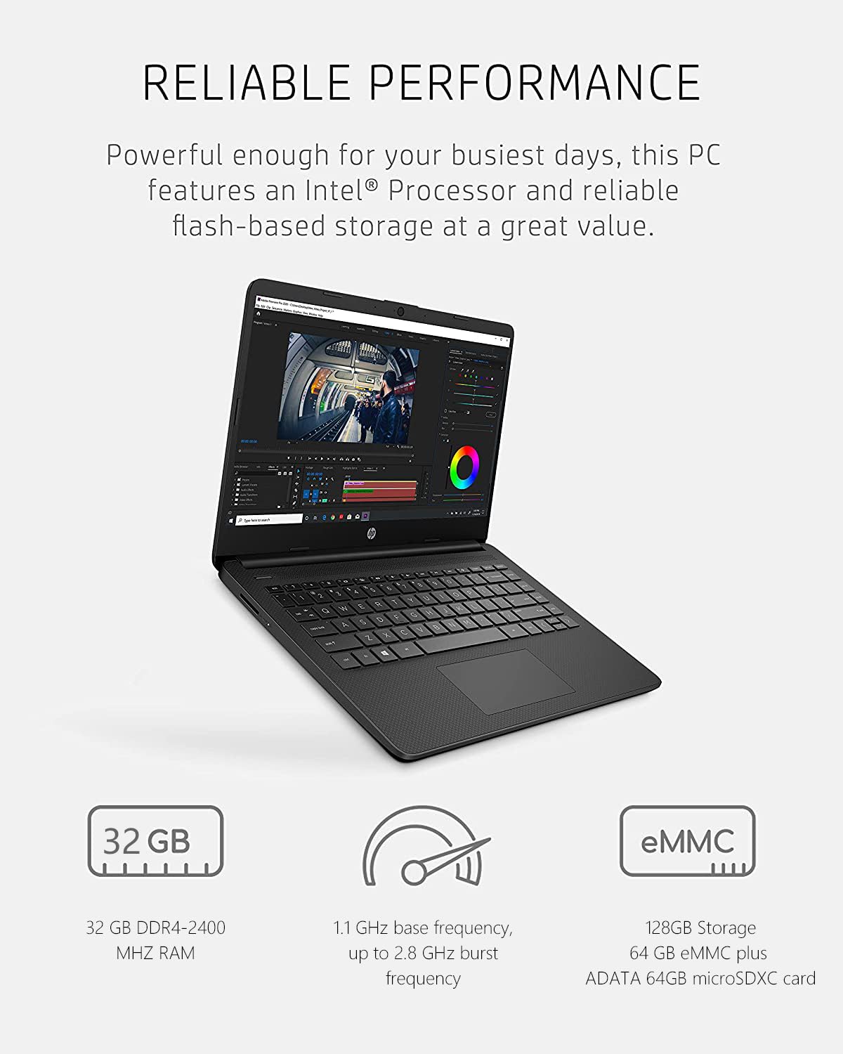 HP 14 Laptop, Intel Celeron N4020, 32GB RAM, 64 GB Storage, 14-inch HD Touchscreen, Intel UHD Graphics 600, Windows 11, Thin & Portable, 4K Graphics, One Year of Microsoft 365, Jet Black
