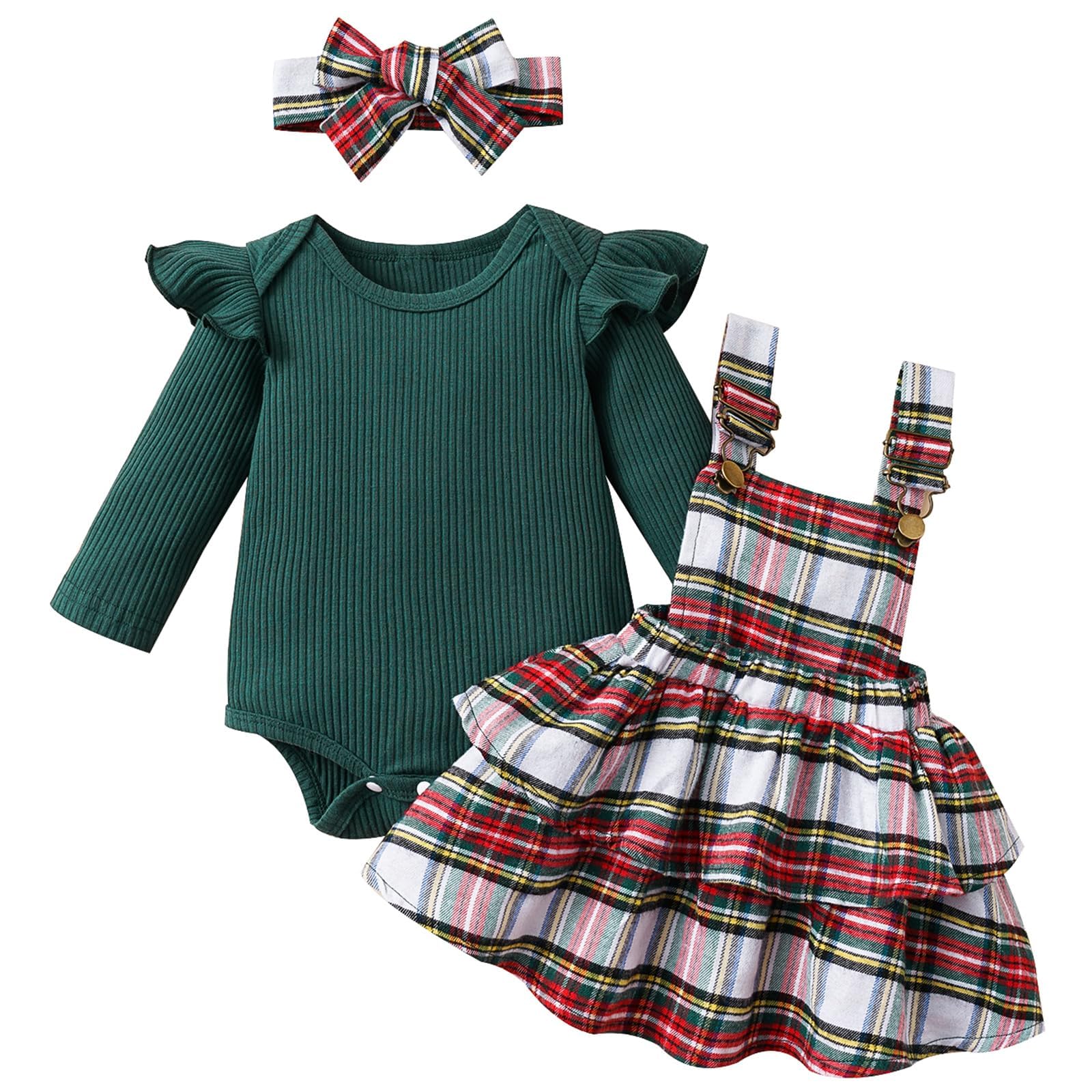 Mubineo Baby Girl Christmas Clothes Plaid Outfits Long Sleeve Romper Overall Skirt Dress Cute Newborn Outfit (Green Red White Plaid, 18-24 Months)