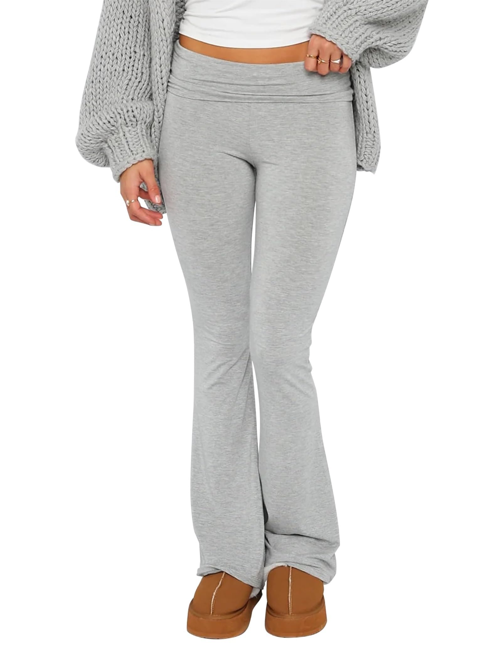 VILAGRAH Women Fold Over Leggings Y2k Low Waist Bootcut Flare Yoga Pants Stretchy Bell Bottom Joggers Streetwear(ins Grey b,Small)