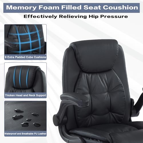 VECELO High Back, Jet Black Ergonomic Executive Chair with SGS Gas Lift, Lumbar Support, Adjustable Height and Rocking Mode, Flip-up Arms, 360°Silent Swivel for Home Office and Gaming