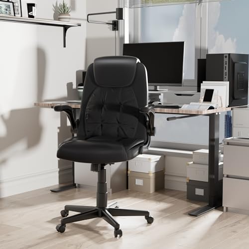 VECELO High Back, Jet Black Ergonomic Executive Chair with SGS Gas Lift, Lumbar Support, Adjustable Height and Rocking Mode, Flip-up Arms, 360°Silent Swivel for Home Office and Gaming