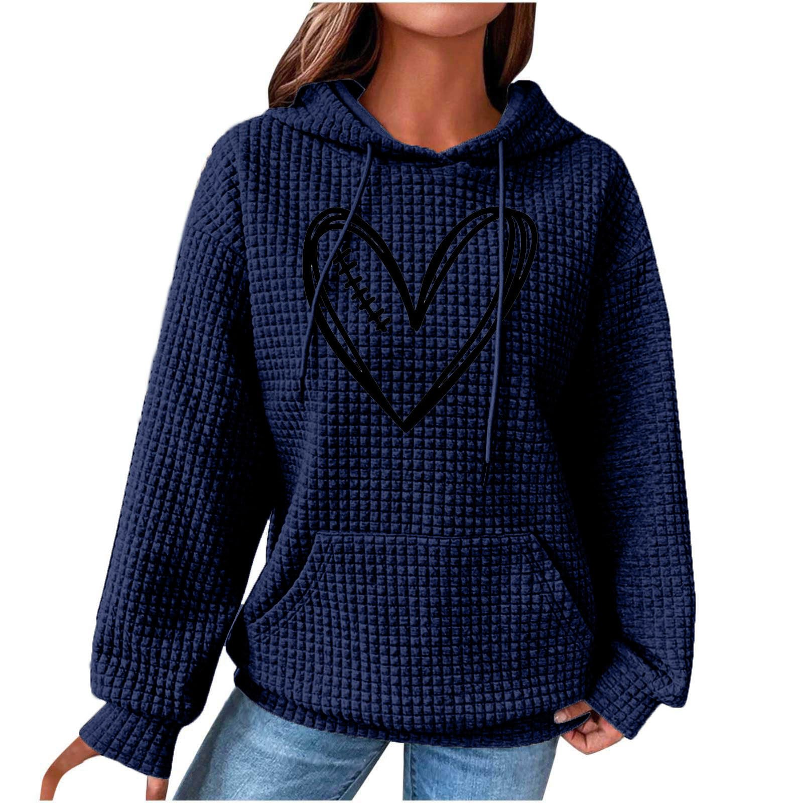 Stessotudo Womens Cute Waffle Knit Hoodies Casual Heart Print Long Sleeve Tops Drawstring Oversized Graphic Cotton Sweatshirt