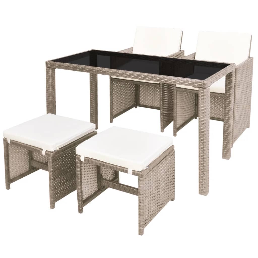 5 Piece Outdoor Dining Set with Cushions | Patio Dining Set | Garden 1 Glass Top Dining Table and 2 Rattan Chairs & Stools for Backyard Poolside Yard | Beige Poly Rattan with Steel Frame