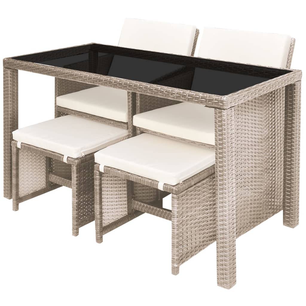 5 Piece Outdoor Dining Set with Cushions | Patio Dining Set | Garden 1 Glass Top Dining Table and 2 Rattan Chairs & Stools for Backyard Poolside Yard | Beige Poly Rattan with Steel Frame
