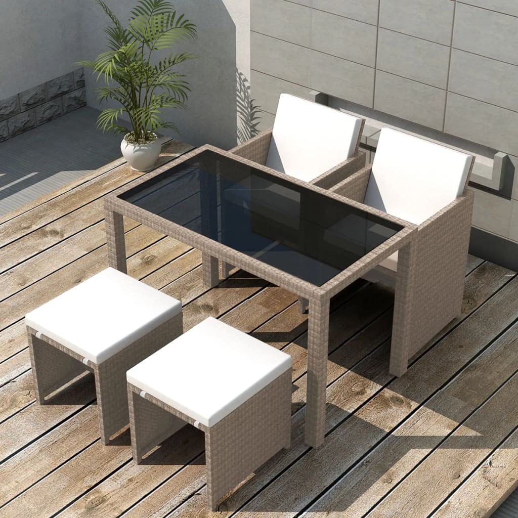 5 Piece Outdoor Dining Set with Cushions | Patio Dining Set | Garden 1 Glass Top Dining Table and 2 Rattan Chairs & Stools for Backyard Poolside Yard | Beige Poly Rattan with Steel Frame