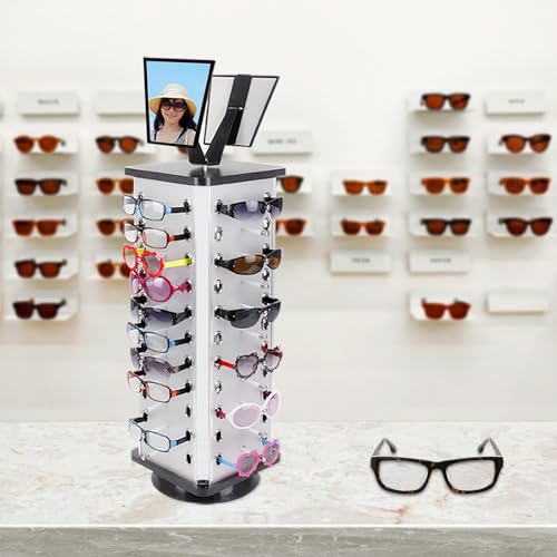 ONEPOINTPOINT Glasses Display Stand 360° Rotating 44 Pairs of Sunglasses Eyewear Holder Display Rack with Mirror (Square)