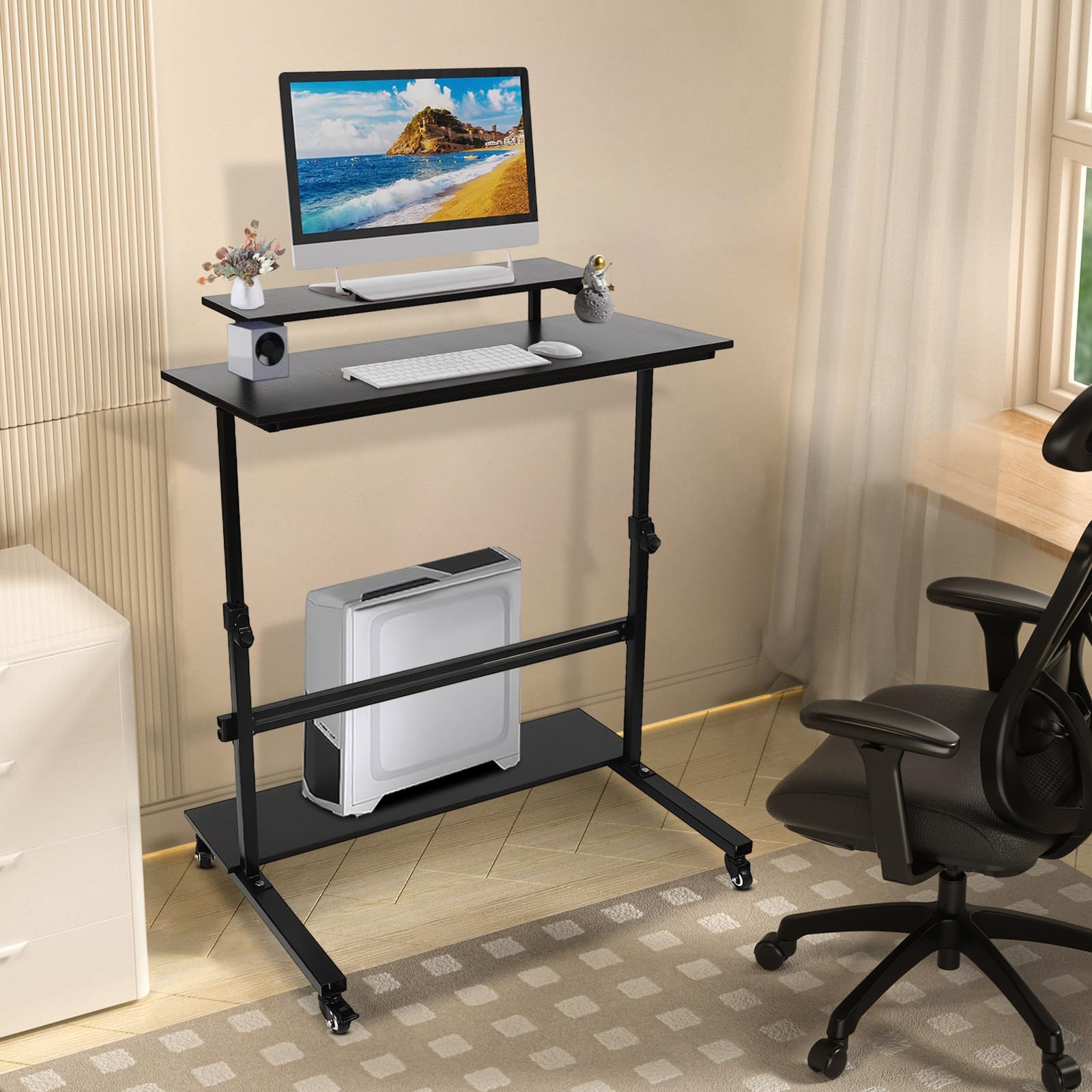 LIYUANJUN Mobile Standing Desk, Portable Rolling Desk 36.6-55Inch Adjustable Height Multifunction Computer Workstation with 4 Universal Wheels for School Office Study (Black)