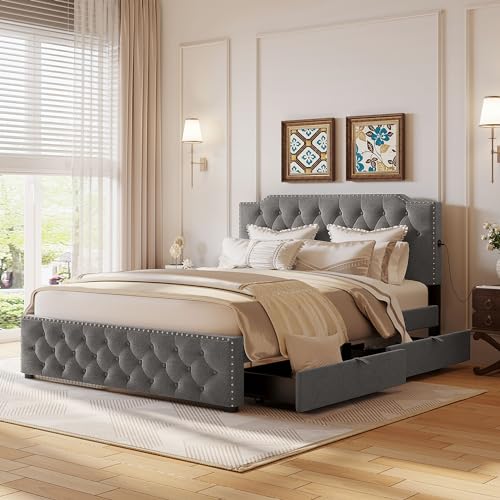 Prohon Queen Size Bed Frame w/ 2 Drawers and Two Sets USB Ports, Upholstered Platform Bed with Button Tufted Trim Headboard, Velvet Linen Wooden Bed Fram No Box Spring Needed, Gray