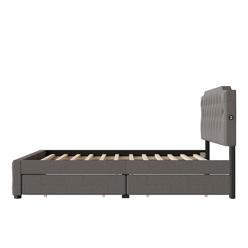 Prohon Queen Size Bed Frame w/ 2 Drawers and Two Sets USB Ports, Upholstered Platform Bed with Button Tufted Trim Headboard, Velvet Linen Wooden Bed Fram No Box Spring Needed, Gray