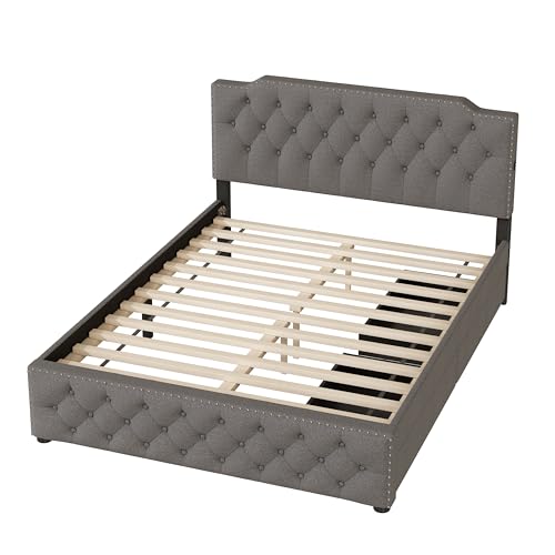 Prohon Queen Size Bed Frame w/ 2 Drawers and Two Sets USB Ports, Upholstered Platform Bed with Button Tufted Trim Headboard, Velvet Linen Wooden Bed Fram No Box Spring Needed, Gray