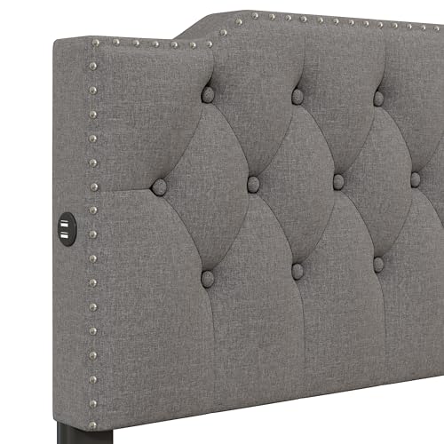 Prohon Queen Size Bed Frame w/ 2 Drawers and Two Sets USB Ports, Upholstered Platform Bed with Button Tufted Trim Headboard, Velvet Linen Wooden Bed Fram No Box Spring Needed, Gray