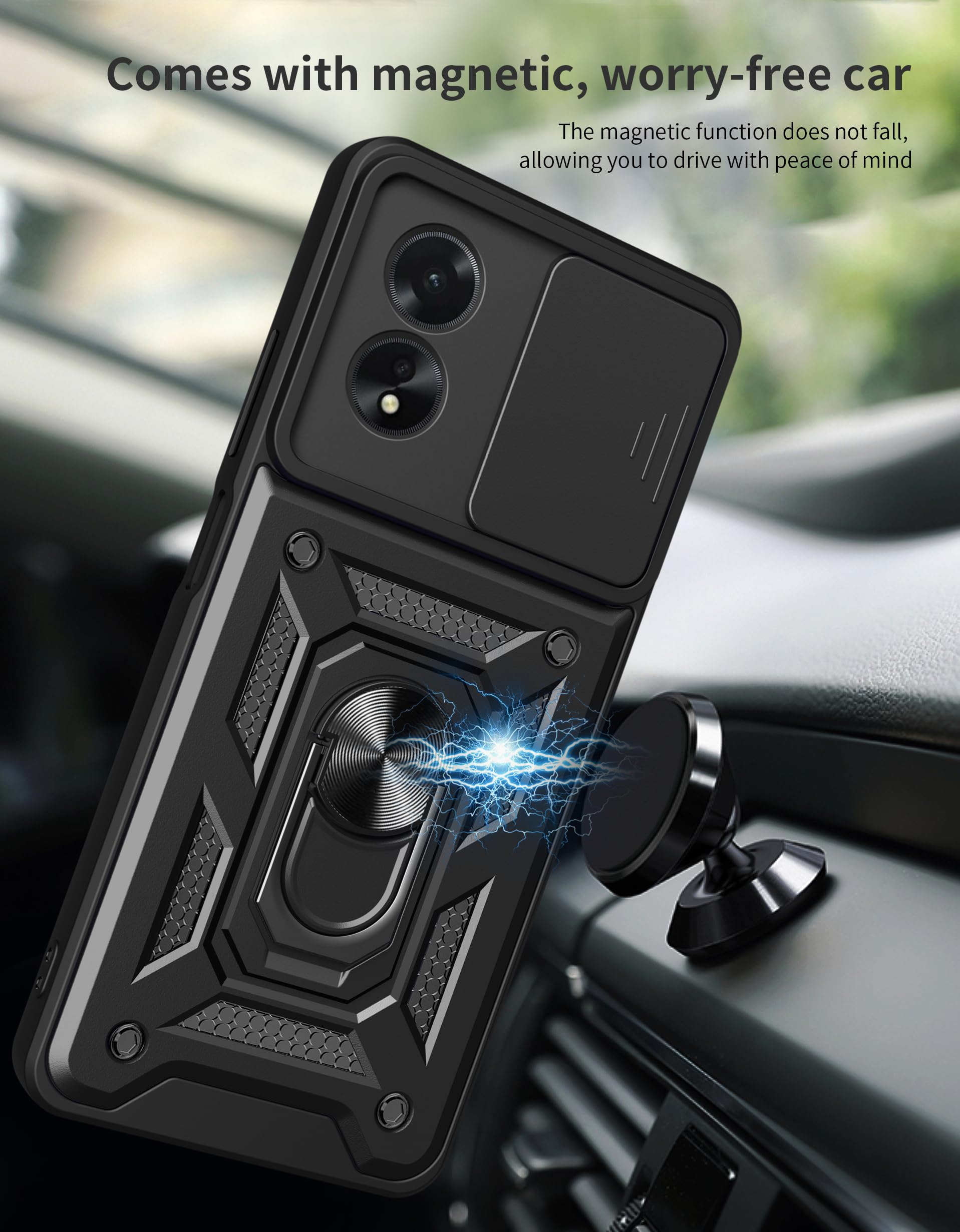 CNPUTAO Case for Oppo A78 4G with Tempered Glass Screen Protector [2 Pack],Sliding Camera Window, Kickstand, Shock-Proof Anti-Scratch Dual-Layer Phone Cover, Black