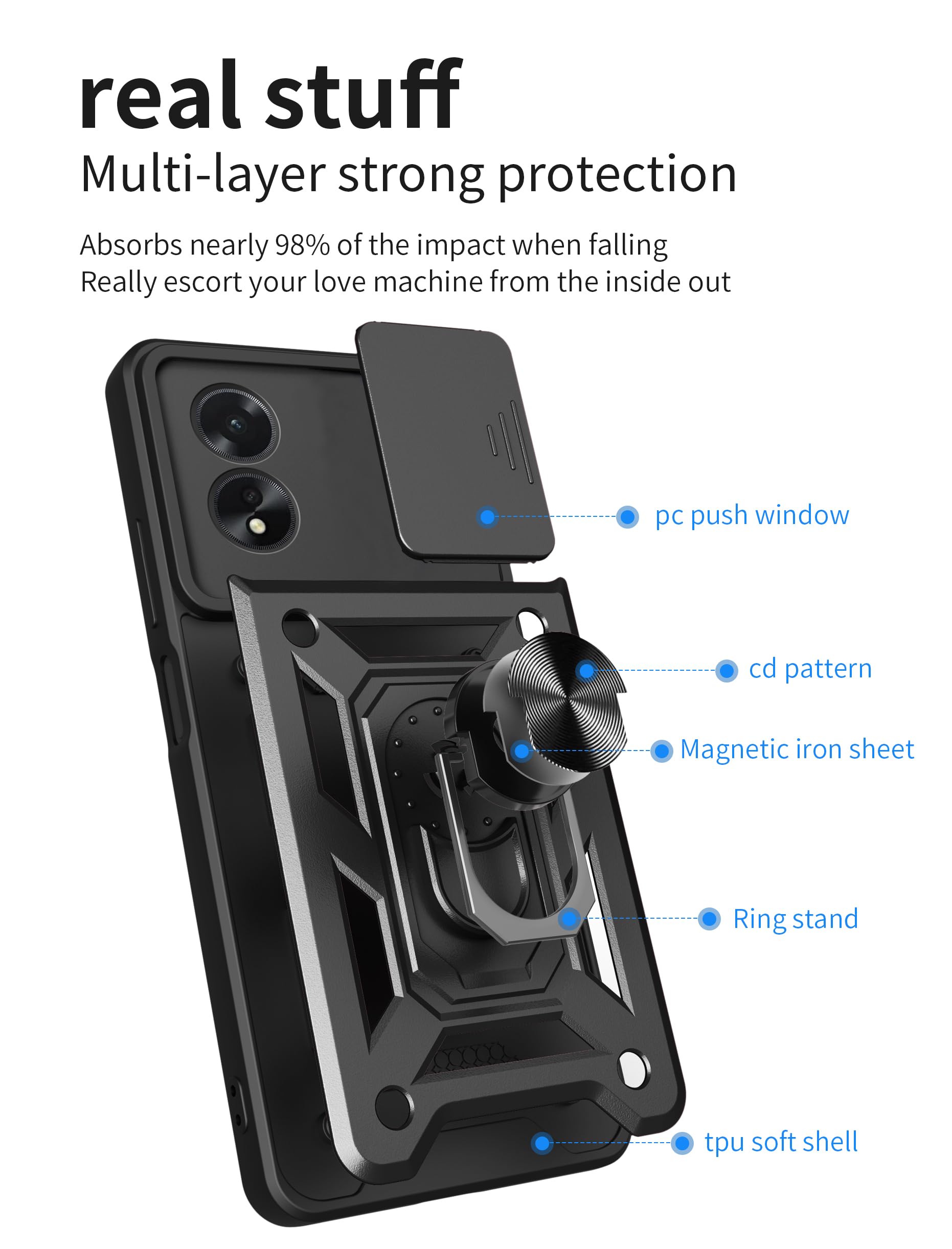 CNPUTAO Case for Oppo A78 4G with Tempered Glass Screen Protector [2 Pack],Sliding Camera Window, Kickstand, Shock-Proof Anti-Scratch Dual-Layer Phone Cover, Black