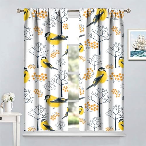 Birds Window Curtains for Bedroom Winter Pattern with Birds on The Tree Bedroom Rod Pocket Light Filtering Drape Curtain for Kids Room W42 x L63 Inch