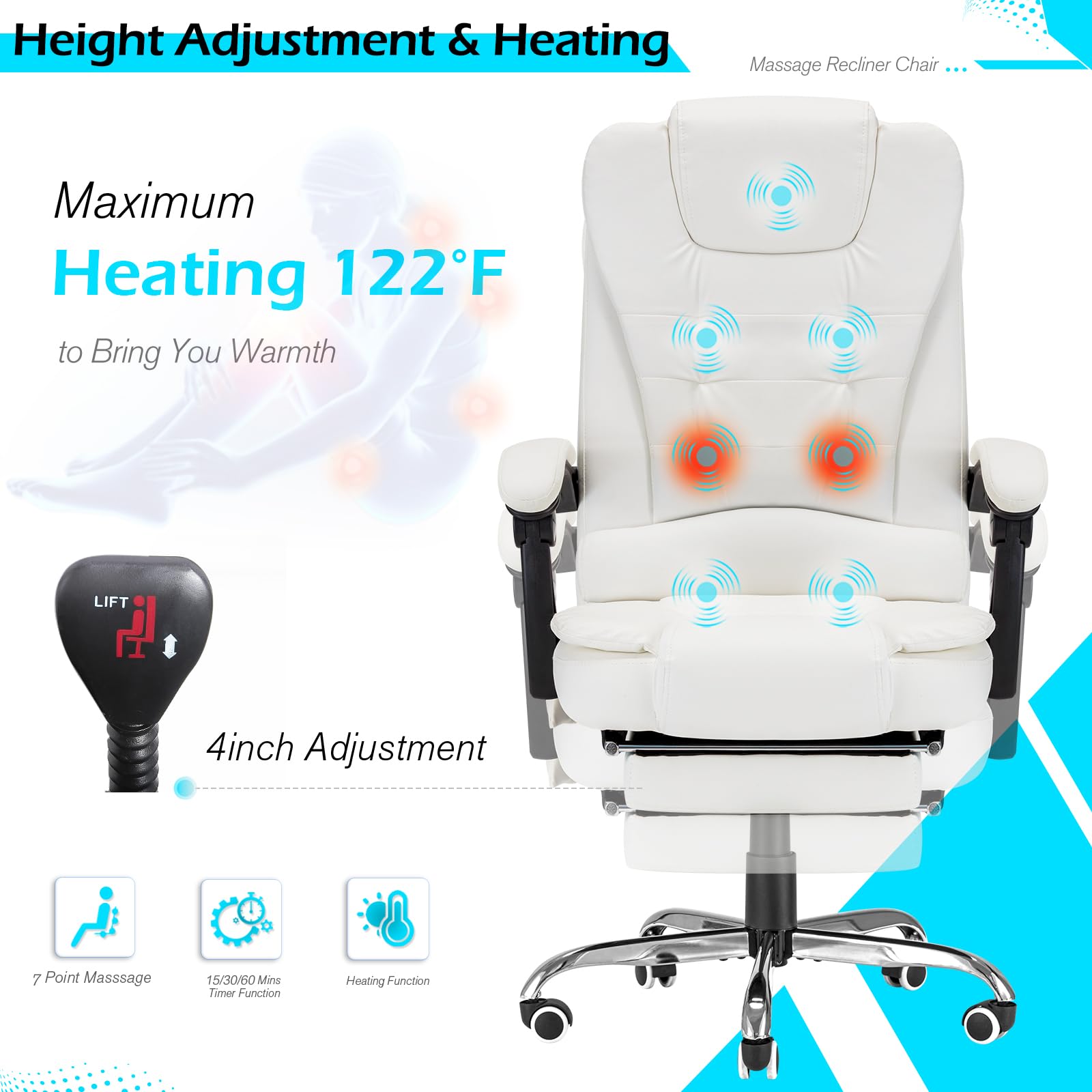 YODOLLA Executive Office Chair with 7 Points Massage&Heat Function, High Back Office Chair w/Footrest Reclining Swivel Home Office Chair, PU Leather Desk Chair, White
