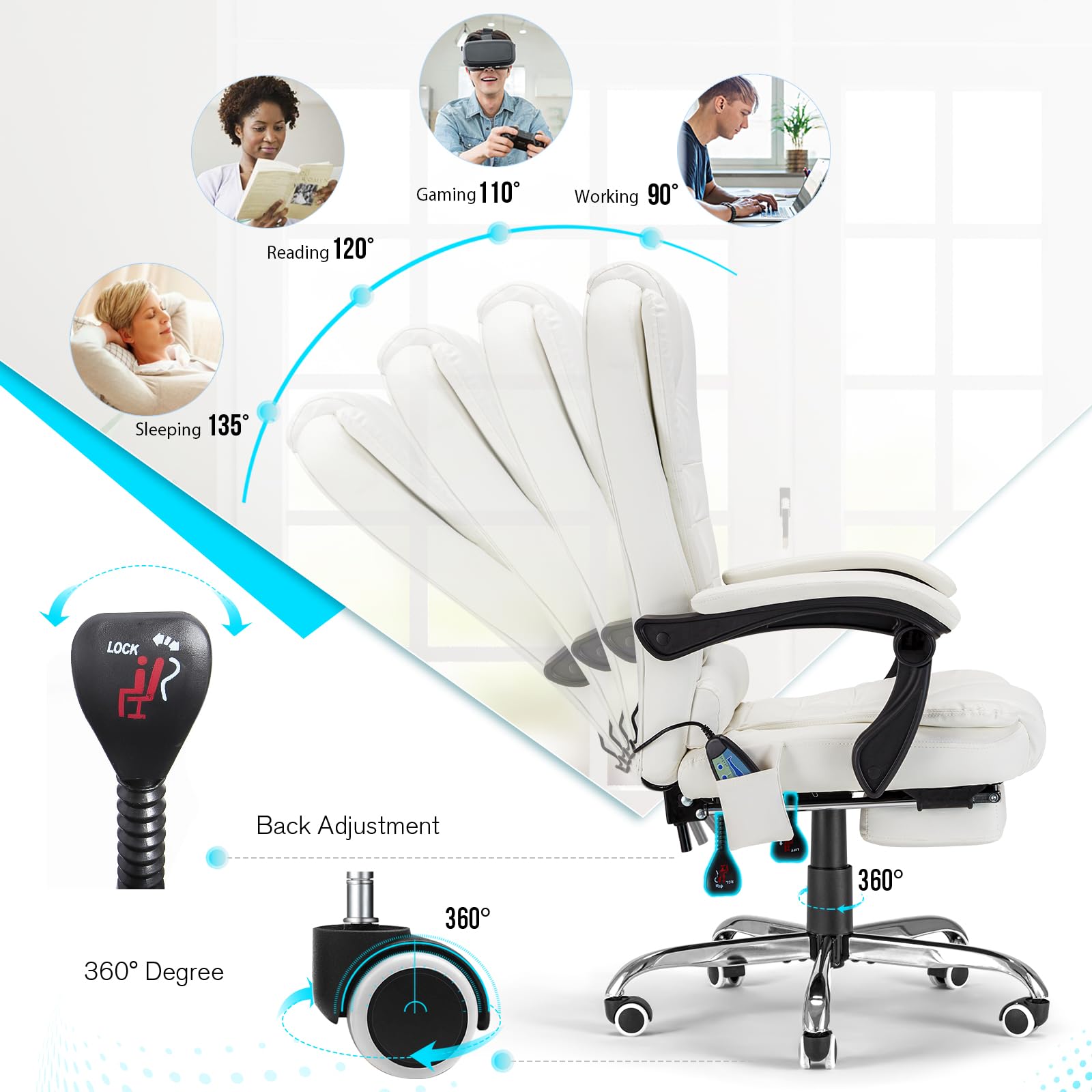 YODOLLA Executive Office Chair with 7 Points Massage&Heat Function, High Back Office Chair w/Footrest Reclining Swivel Home Office Chair, PU Leather Desk Chair, White
