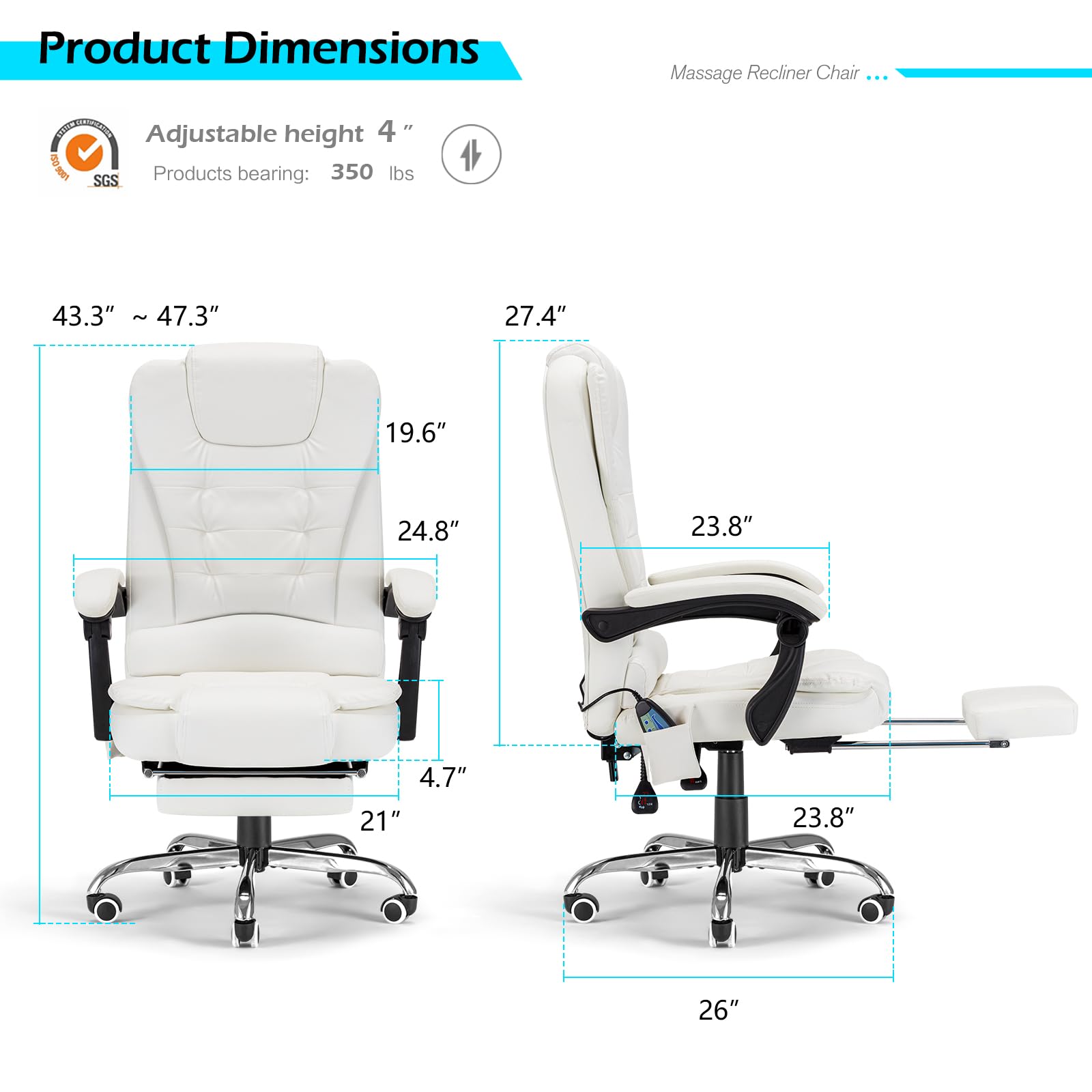 YODOLLA Executive Office Chair with 7 Points Massage&Heat Function, High Back Office Chair w/Footrest Reclining Swivel Home Office Chair, PU Leather Desk Chair, White
