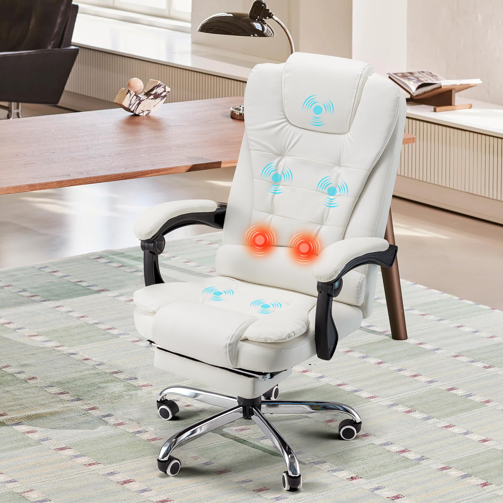 YODOLLA Executive Office Chair with 7 Points Massage&Heat Function, High Back Office Chair w/Footrest Reclining Swivel Home Office Chair, PU Leather Desk Chair, White