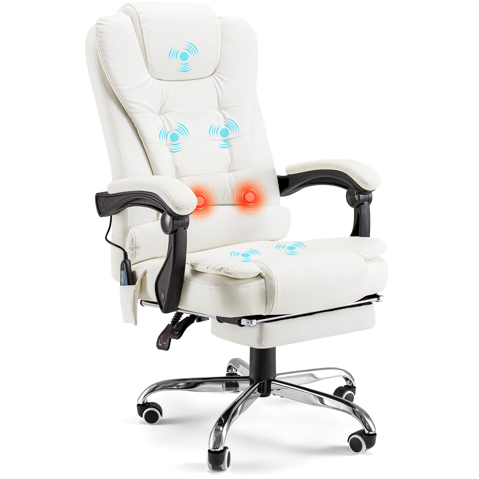 YODOLLA Executive Office Chair with 7 Points Massage&Heat Function, High Back Office Chair w/Footrest Reclining Swivel Home Office Chair, PU Leather Desk Chair, White