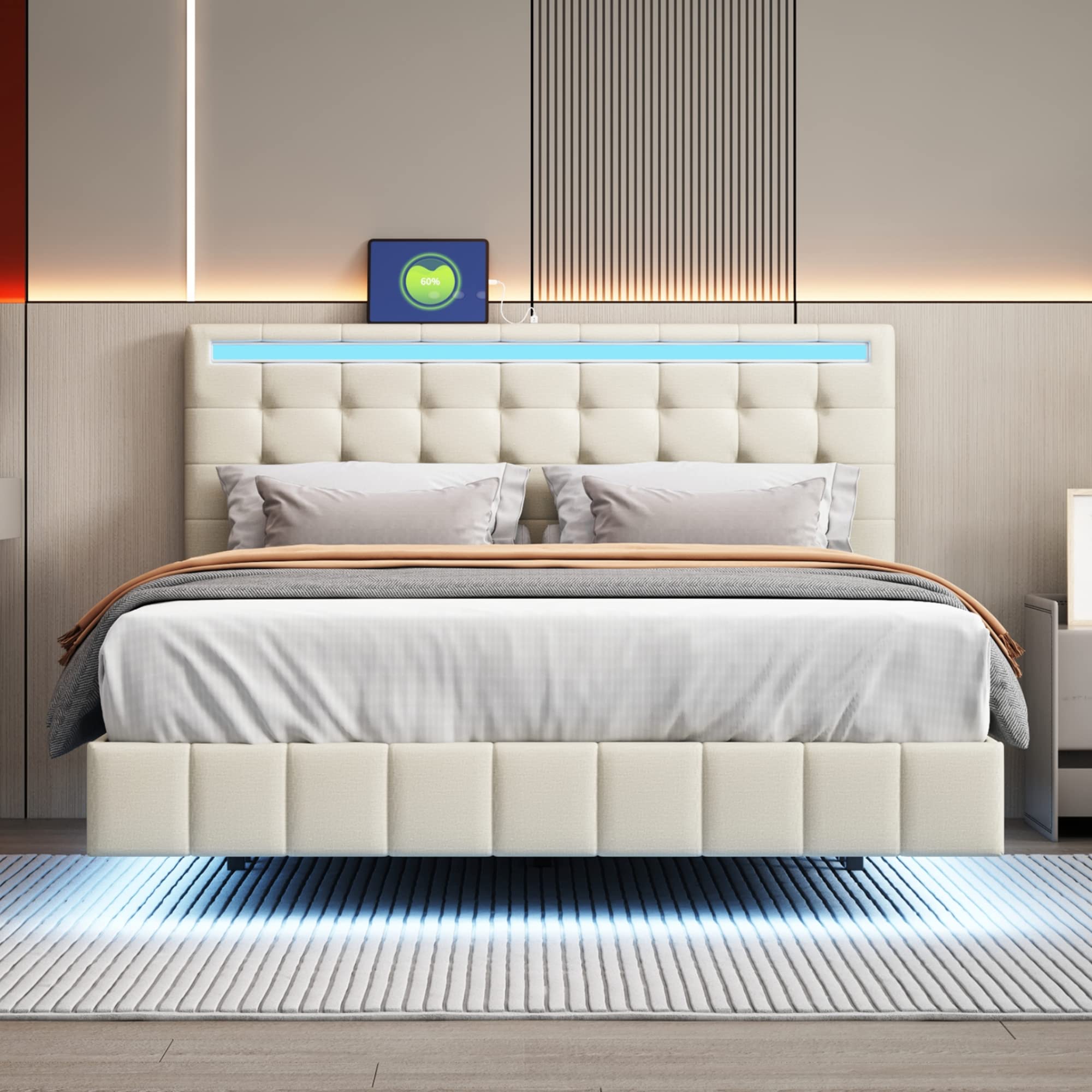 BIADNBZ Queen Size Floating Bed with LED Lights and USB Charging,Modern PU Leather Upholstered Low Platform Bedframe with Headboard for Bedroom Guest Room,Wooden Slat Support,Beige