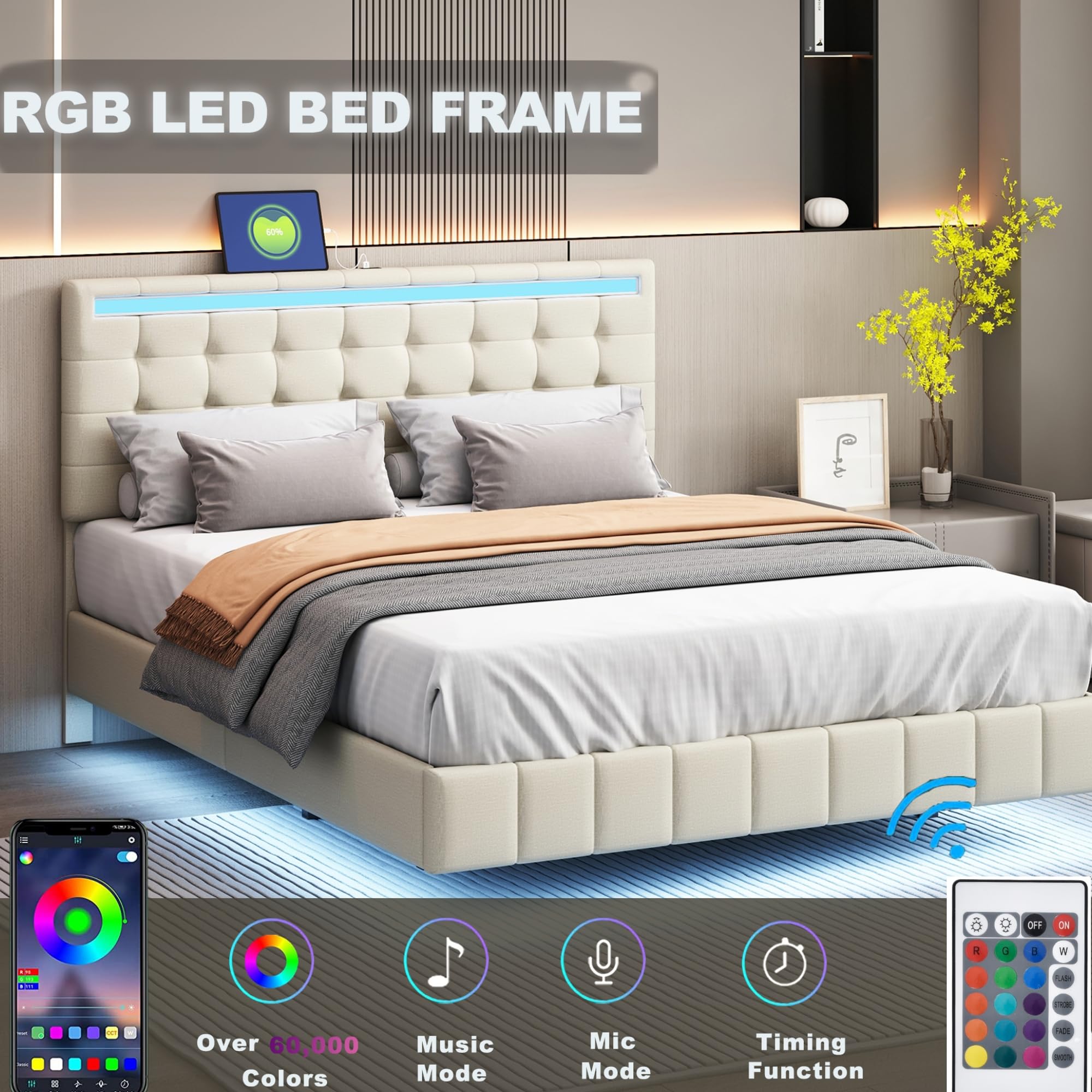 BIADNBZ Queen Size Floating Bed with LED Lights and USB Charging,Modern PU Leather Upholstered Low Platform Bedframe with Headboard for Bedroom Guest Room,Wooden Slat Support,Beige