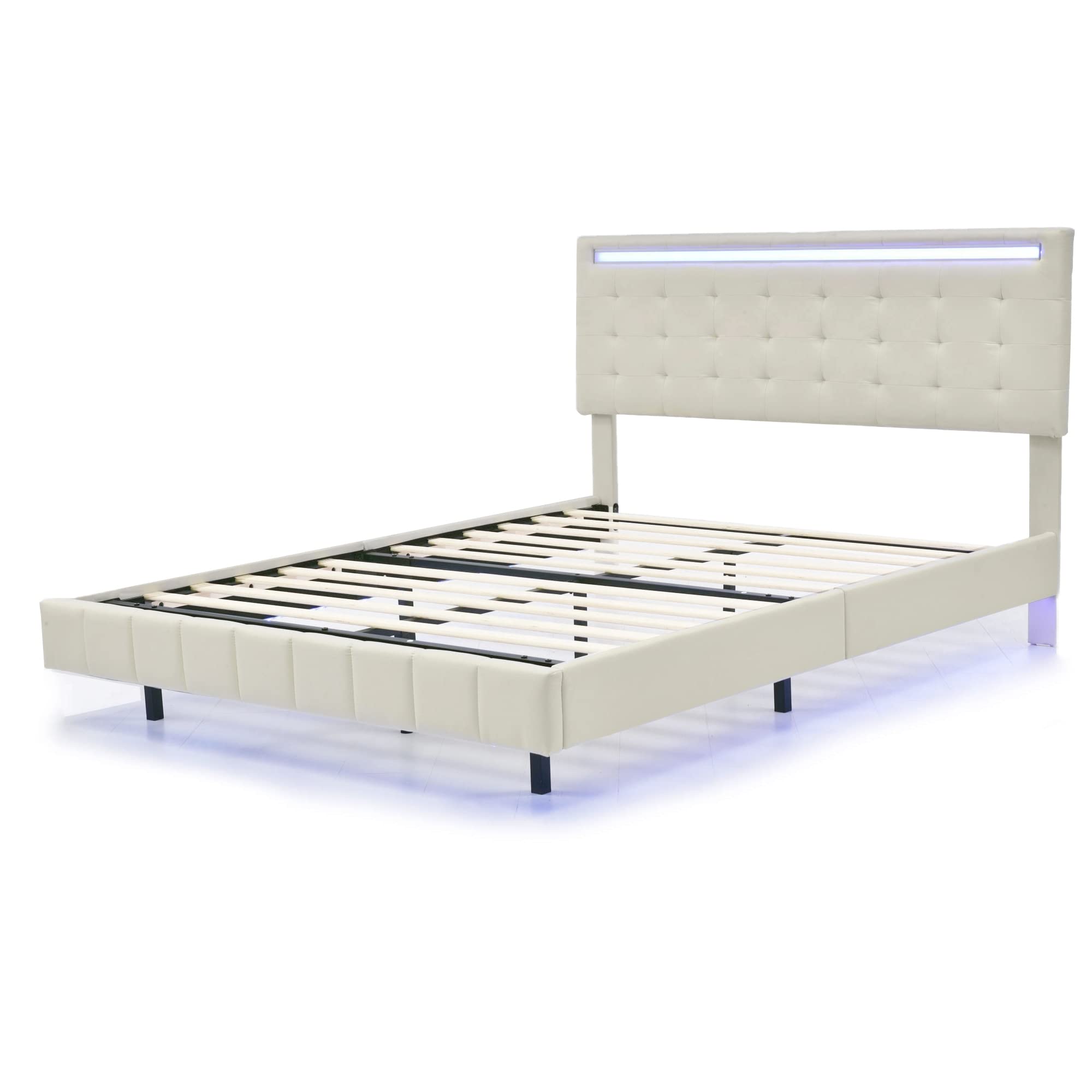 BIADNBZ Queen Size Floating Bed with LED Lights and USB Charging,Modern PU Leather Upholstered Low Platform Bedframe with Headboard for Bedroom Guest Room,Wooden Slat Support,Beige
