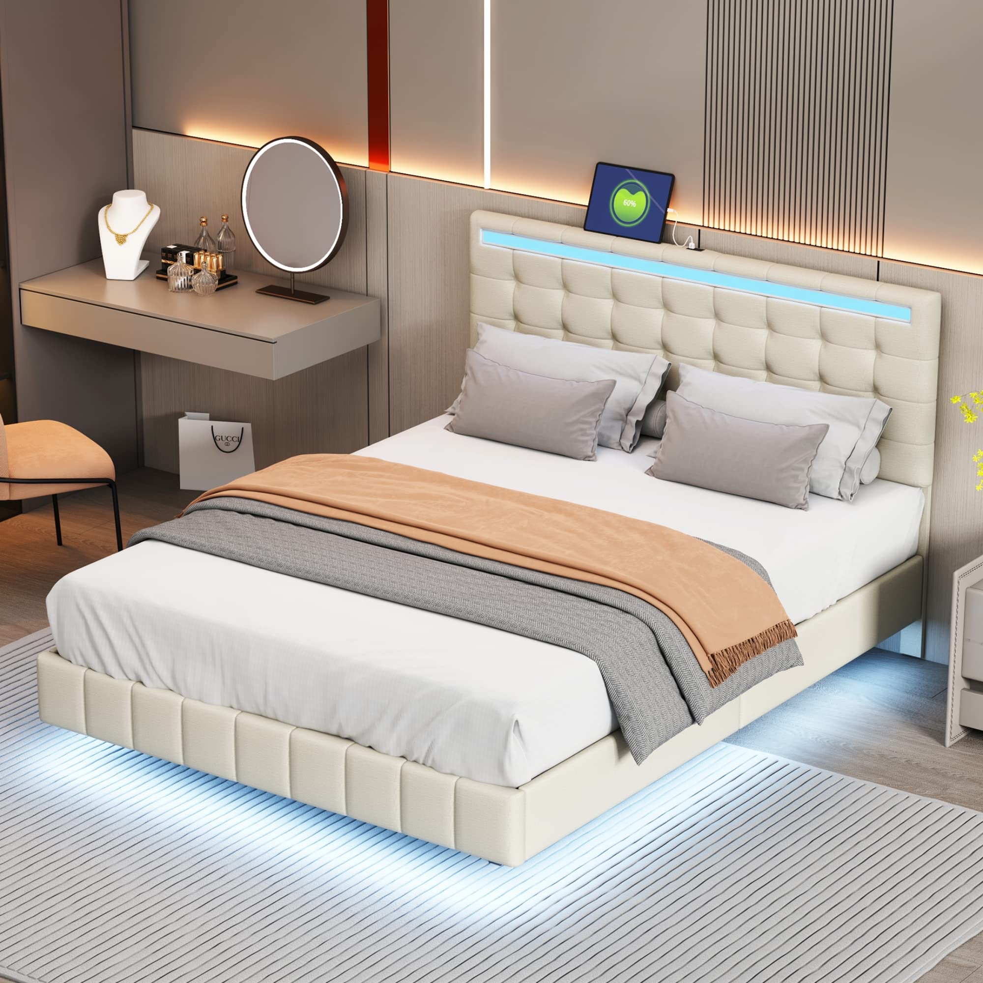 BIADNBZ Queen Size Floating Bed with LED Lights and USB Charging,Modern PU Leather Upholstered Low Platform Bedframe with Headboard for Bedroom Guest Room,Wooden Slat Support,Beige
