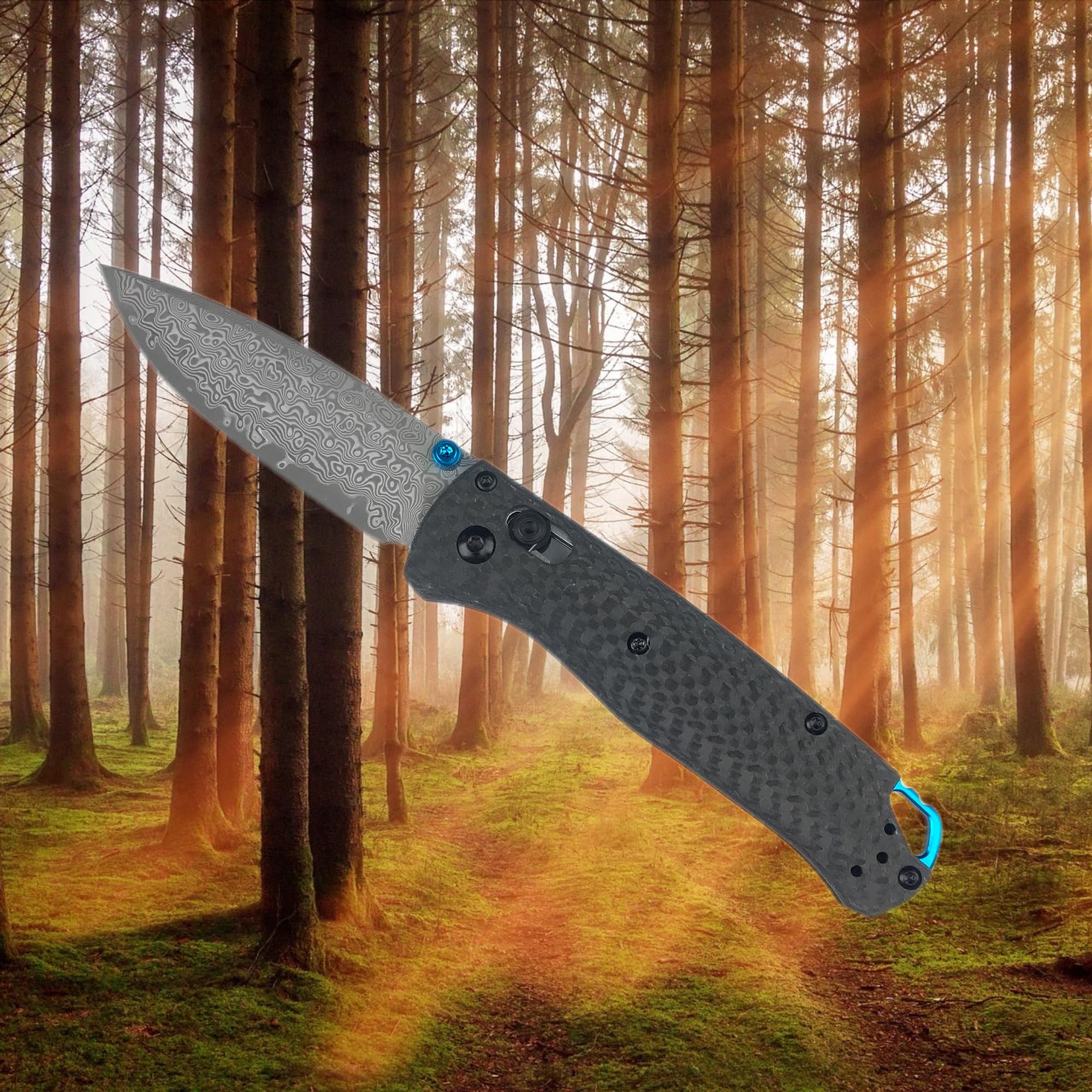 HUAAO EDC Bugout Knife, Axis Lock Pocket Knife with 3'' Damascus Blade Carbon Fiber Handle, Damascus Folding Knife with Thumb Stud Pocketclip