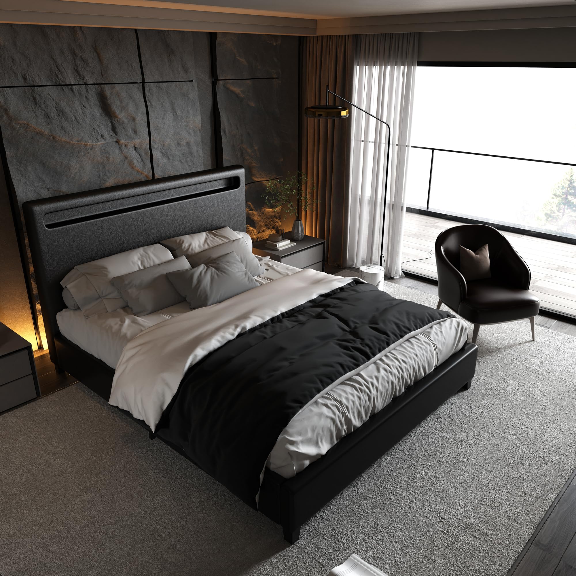 AnwickNomo Modern Queen Size Faux Leather Upholstered Platform Bed Frame with LED Light Headboard, Wood Slat Support, No Box Spring Needed, Mattress Base, Black