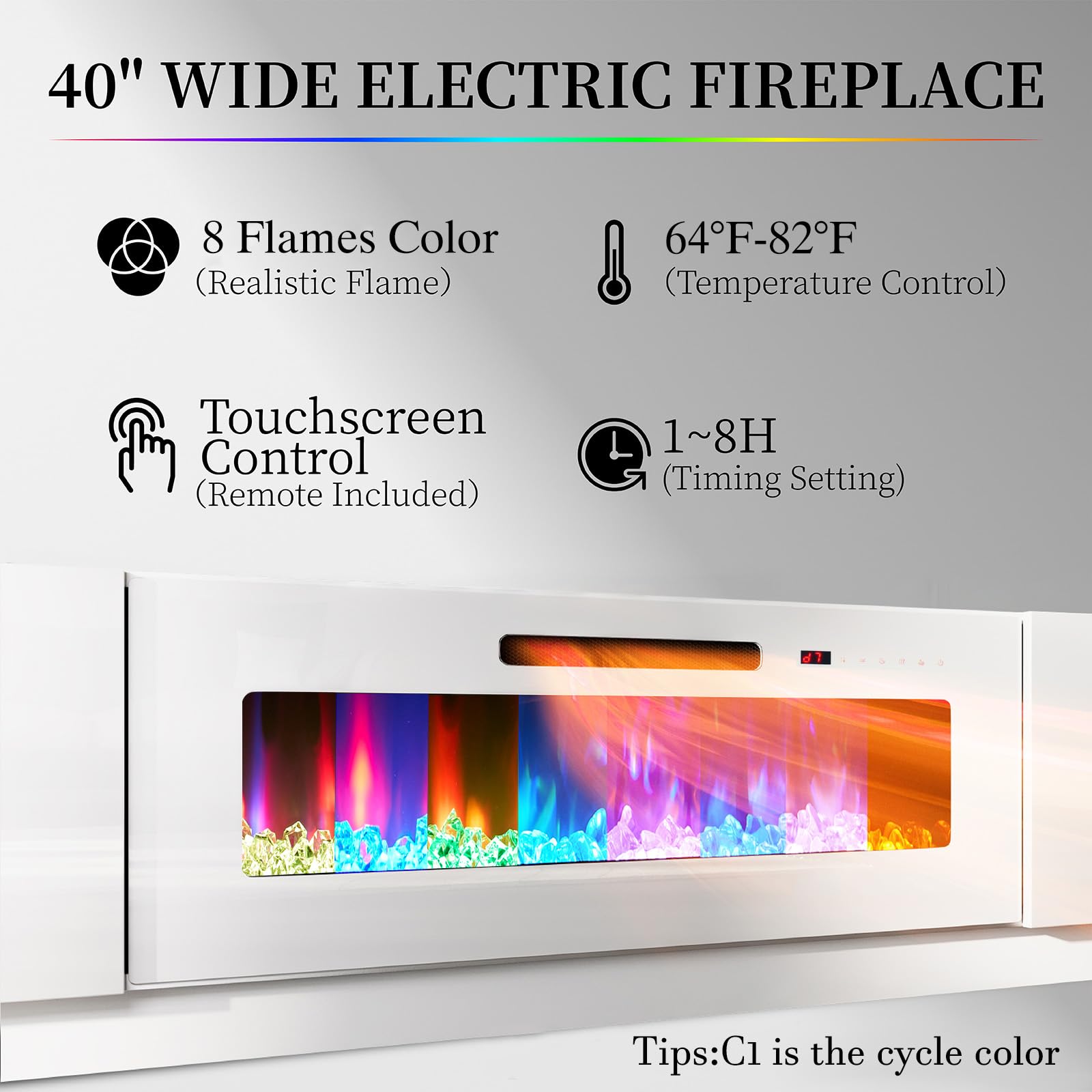 AMERLIFE Fireplace TV Stand with 40" Fireplace, 80" Modern High Gloss Fireplace Entertainment Center LED Lights, 2 Tier TV Console Cabinet for TVs Up to 90", White & White