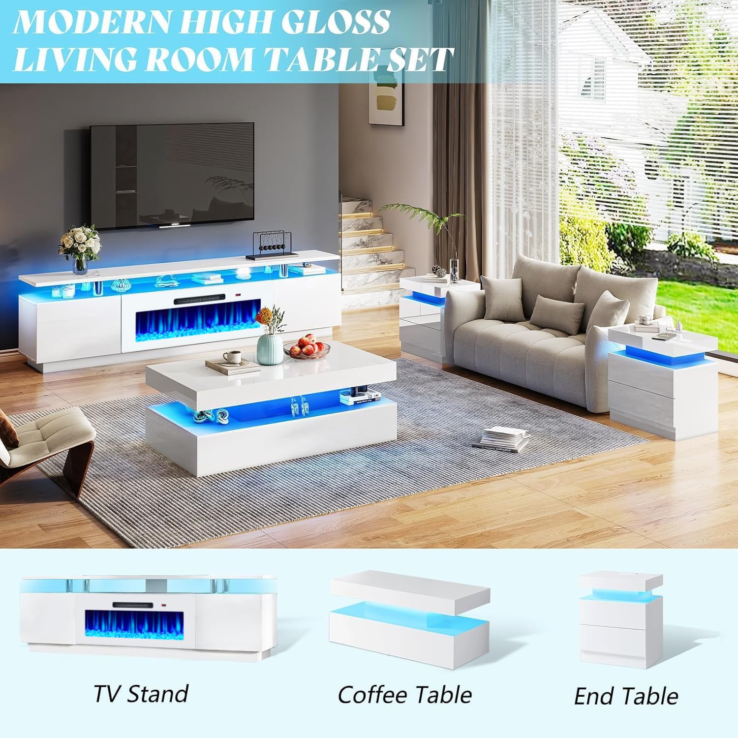AMERLIFE Fireplace TV Stand with 40" Fireplace, 80" Modern High Gloss Fireplace Entertainment Center LED Lights, 2 Tier TV Console Cabinet for TVs Up to 90", White & White