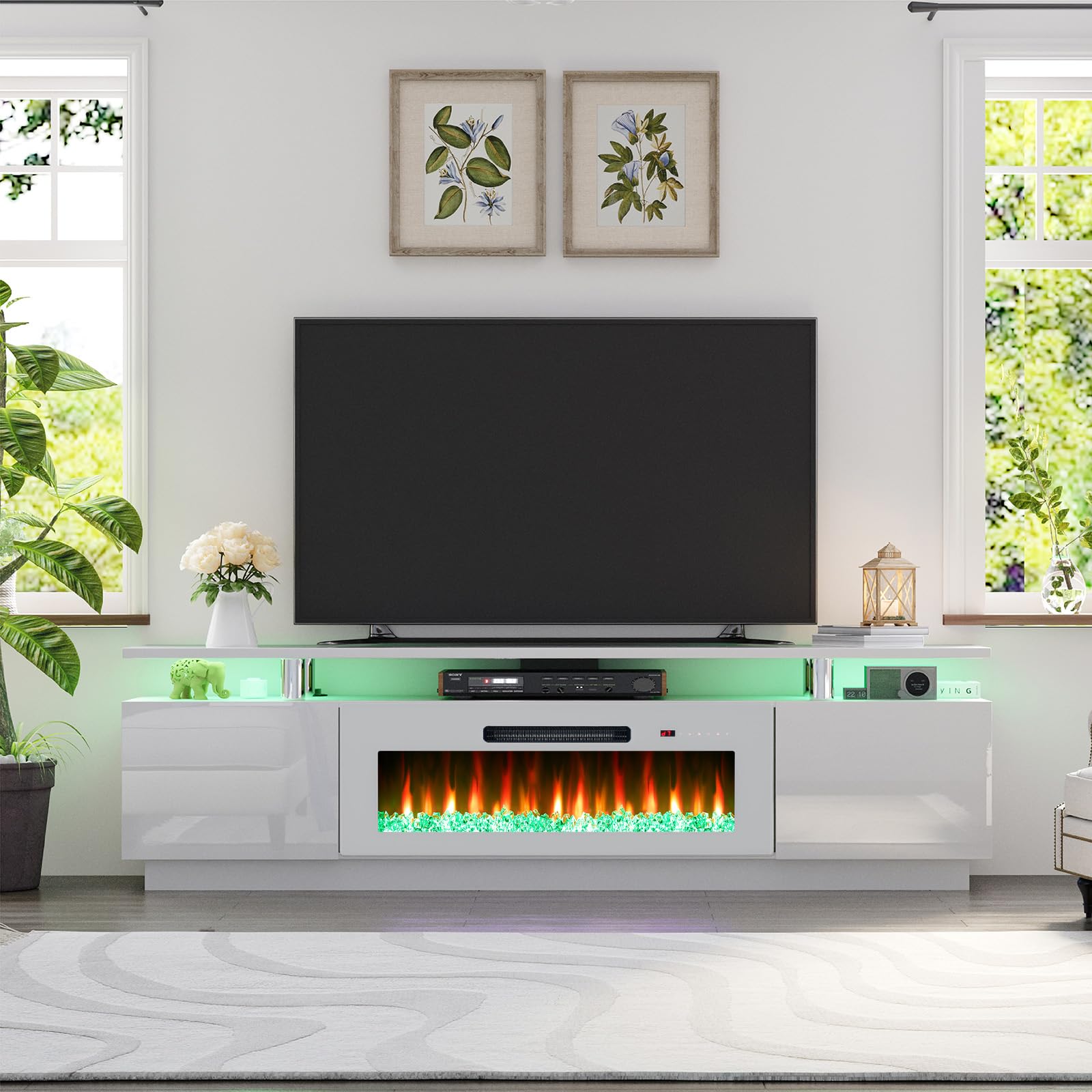 AMERLIFE Fireplace TV Stand with 40" Fireplace, 80" Modern High Gloss Fireplace Entertainment Center LED Lights, 2 Tier TV Console Cabinet for TVs Up to 90", White & White